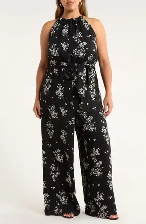 SUGARLIPS Floral Print Sleeveless Jumpsuit - Black-pink