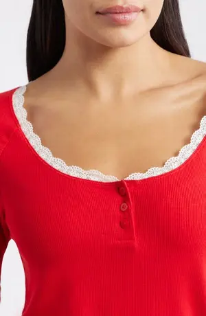 OPEN EDIT Daydream Lace Trim Rib Crop Top - Red Salsa