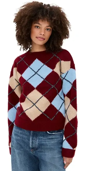 English Factory Argyle Chenille Embroidered Sweater - Burgundy Multi