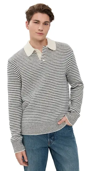 ALEX MILL Carl Striped Polo Sweater - Navy/ivory