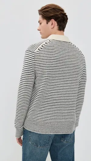 ALEX MILL Carl Striped Polo Sweater - Navy/ivory