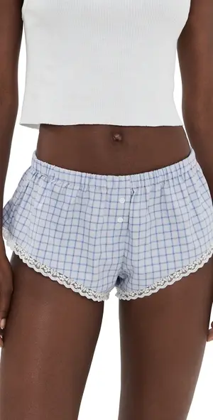 COUCOU Plaid Shorts With Lace Trim - Blue Check