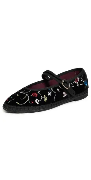 FLABELUS X Sea Nyc Floral Embroidered Velvet Mary Jane Flats - Priscilla
