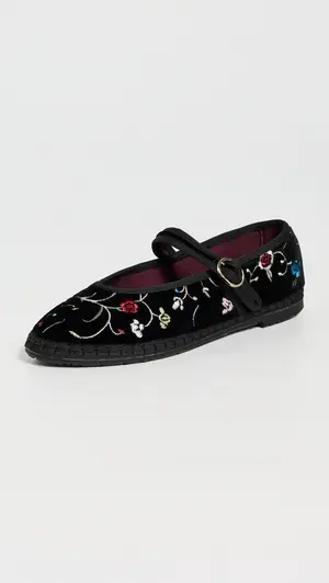 FLABELUS X Sea Nyc Floral Embroidered Velvet Mary Jane Flats - Priscilla