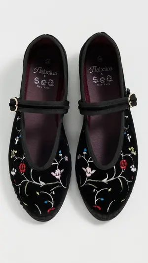 FLABELUS X Sea Nyc Floral Embroidered Velvet Mary Jane Flats - Priscilla