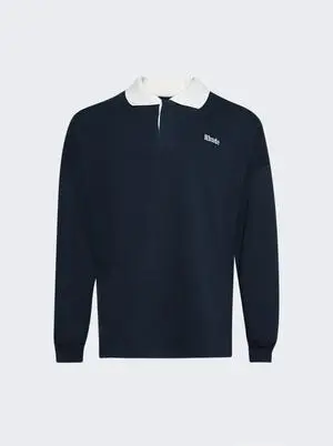 Rhude Long Sleeve Pique Polo Dark Navy And White