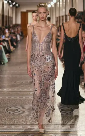 GEORGES HOBEIKA Embellished Sequined Sheer Gown - Silver