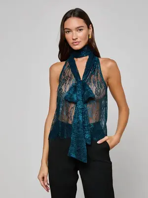 L'Agence Reece Lace Tie Neck Blouse Top - Deep Teal