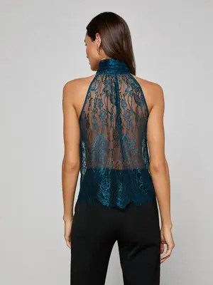 L'Agence Reece Lace Tie Neck Blouse Top - Deep Teal