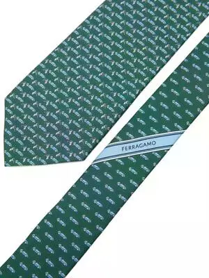 FERRAGAMO Silk Racing Print Neck Tie - Blue