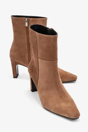 FOREVER & ALWAYS SHOES Kyoto Leather Block Heel Boot - Cognac Suede Leather