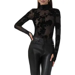 AFRM Zadie Velvet Floral Mesh Top - Cascade Roses