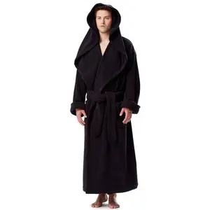 ARUS Monk Style Full Length Long Terry Cotton Bathrobe Black