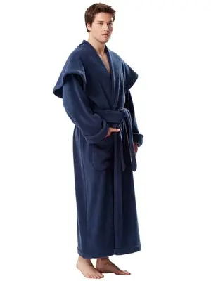 ARUS Monk Style Full Length Long Terry Cotton Bathrobe - Navy