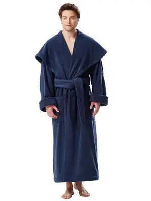 ARUS Monk Style Full Length Long Terry Cotton Bathrobe - Navy
