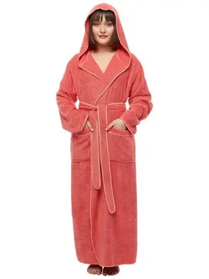 ARUS Aura Ankle Length Long Cotton Robe With Hood - Coral
