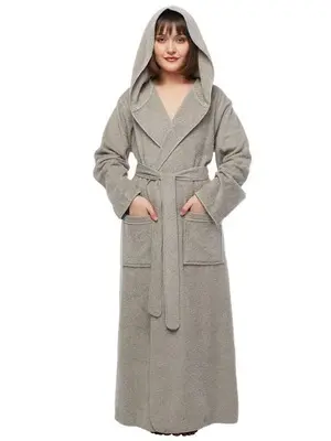 ARUS Aura Ankle Length Long Cotton Robe With Hood - Gray