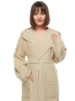 ARUS Aura Ankle Length Long Cotton Robe With Hood - Latte