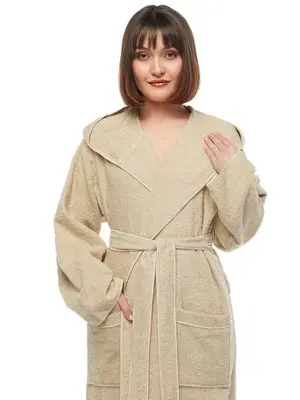 ARUS Aura Ankle Length Long Cotton Robe With Hood - Latte