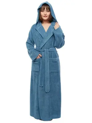 ARUS Aura Ankle Length Long Cotton Robe With Hood - Steel Blue