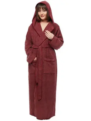 ARUS Aura Ankle Length Long Cotton Robe With Hood - Wine