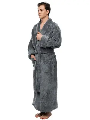 ARUS Shawl Collar Long Fleece Bathrobe - Graphite