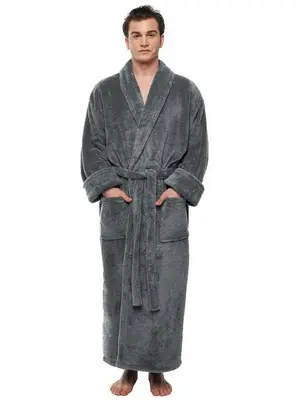 ARUS Shawl Collar Long Fleece Bathrobe - Graphite