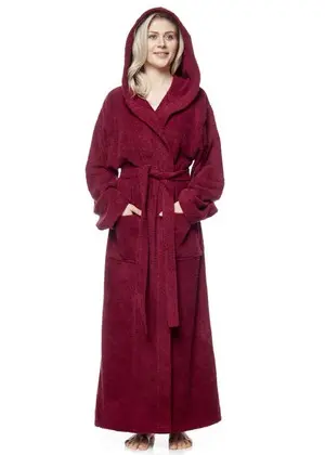 ARUS Pacifica Cotton Full Length Hooded Bathrobe Wine
