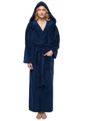 ARUS Long Fleece Robe With Hood - Navy
