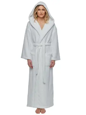 ARUS Long Fleece Robe With Hood - White