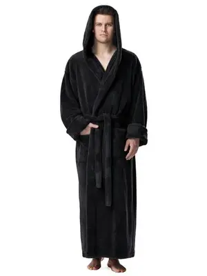 ARUS Hooded Long Fleece Robe - Black