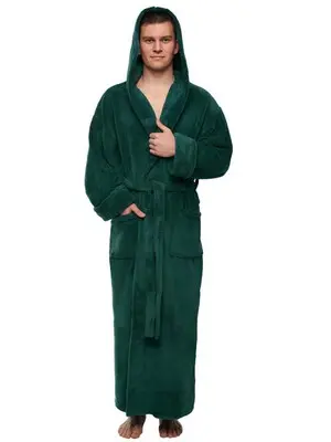 ARUS Hooded Long Fleece Robe - Forest Green