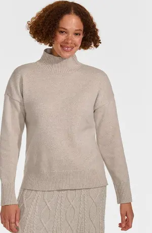 LANDS' END Split Hem Turtleneck Sweater - Oatmeal Tan Heather