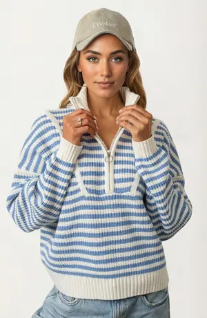 KNIT & LOUNGE Striped Half Zip Knit Pullover