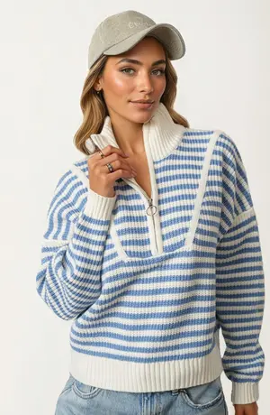 KNIT & LOUNGE Striped Half Zip Knit Pullover