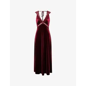 Omnes Womens Deep Wine Aurelia Lace-Trim Velvet Midi Dress 10
