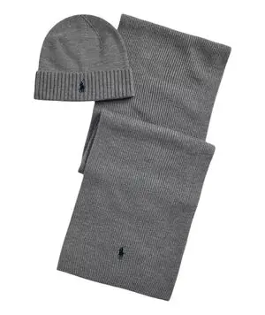 Ralph Lauren Wool Beanie And Scarf Set - Fawn Grey Heather