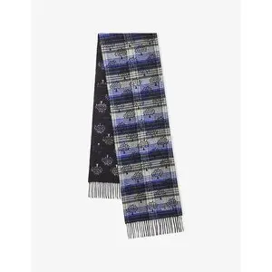 Mulberry Heritage Check And Tree Wool Scarf - Black-cobalt Blue