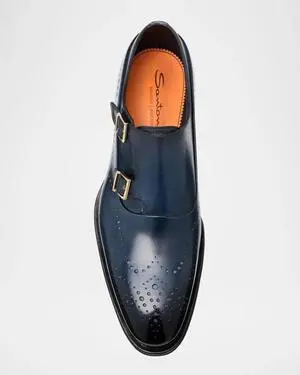 Santoni Carter Brogue Leather Double Monk-strap Loafers - Light Blue