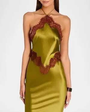 Retrofete Everly Lace-trimmed Satin Halter Dress - Basil/cigar