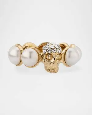 Alexander McQueen Crystal Skull And Pearly Ring - Pearl Grey
