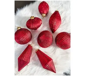 SIMPLY STUNNING BY JANINE GRAFF As Is Simply Stunning Set Of 8 Ribbed Glass Ornaments - One-color