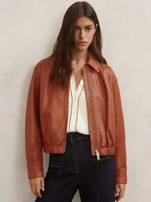 REISS Lottie Leather Cropped Bomber Jacket