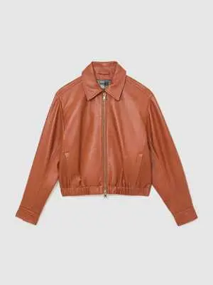 REISS Lottie Leather Cropped Bomber Jacket