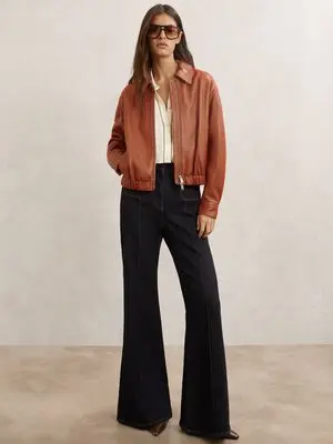 REISS Lottie Leather Cropped Bomber Jacket
