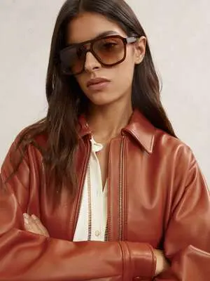 REISS Lottie Leather Cropped Bomber Jacket