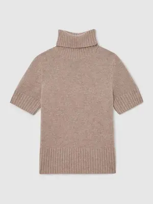 REISS Esme Cashmere Short-sleeve Roll-neck Jumper - Oatmeal Neutral