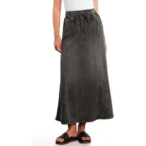 WASH LAB DENIM Tie Waist A-line Denim Maxi Skirt - Split Grey