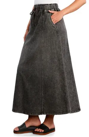 WASH LAB DENIM Tie Waist A-line Denim Maxi Skirt - Split Grey
