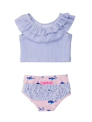 RUFFLEBUTTS Upf 50+ Sun Protected Ruffle Tankini - Pink Whale Friends
